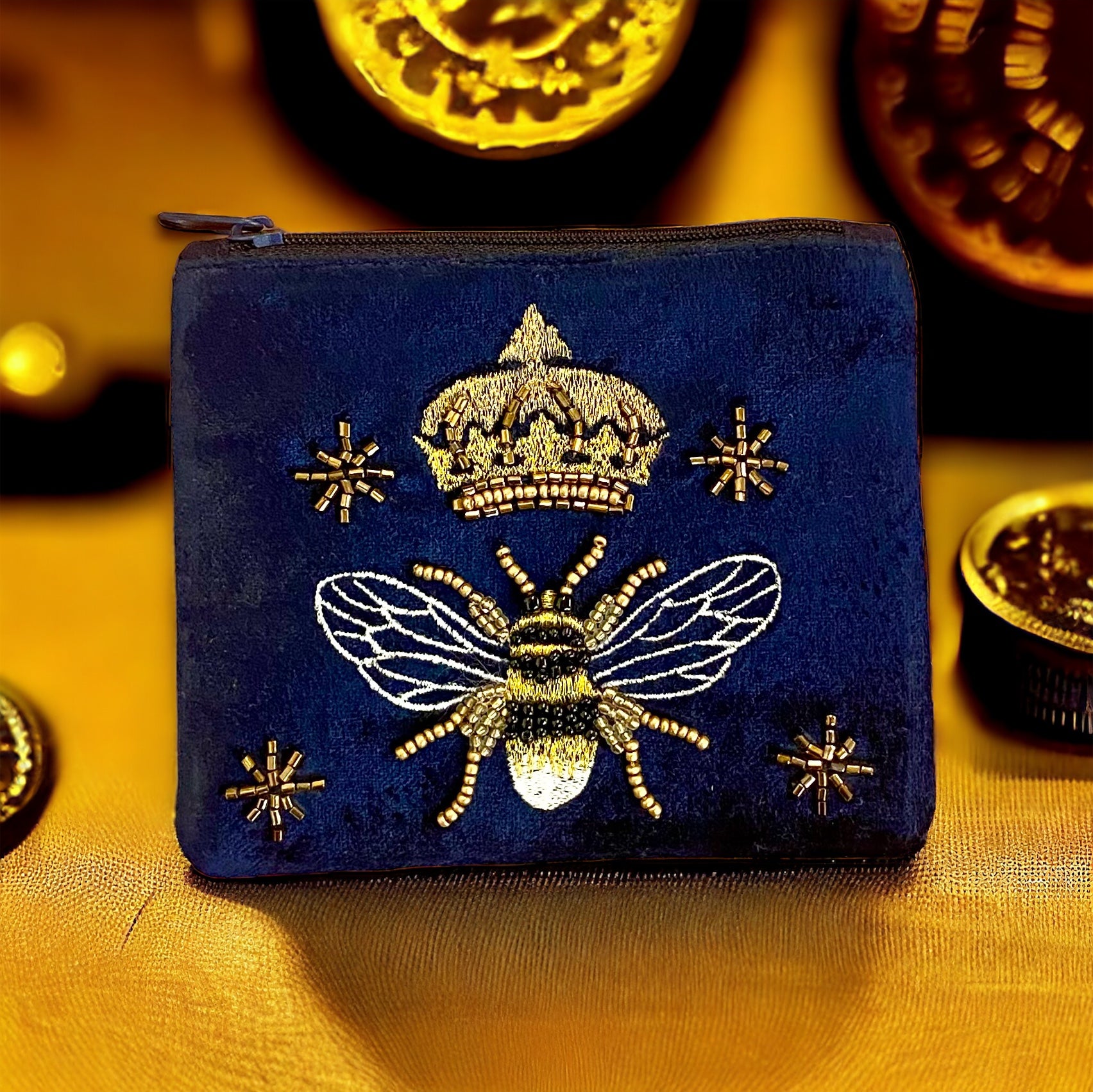 Cotton Velvet Bag - Royal Blue with Gold Bee Detailing Purse - At home ...