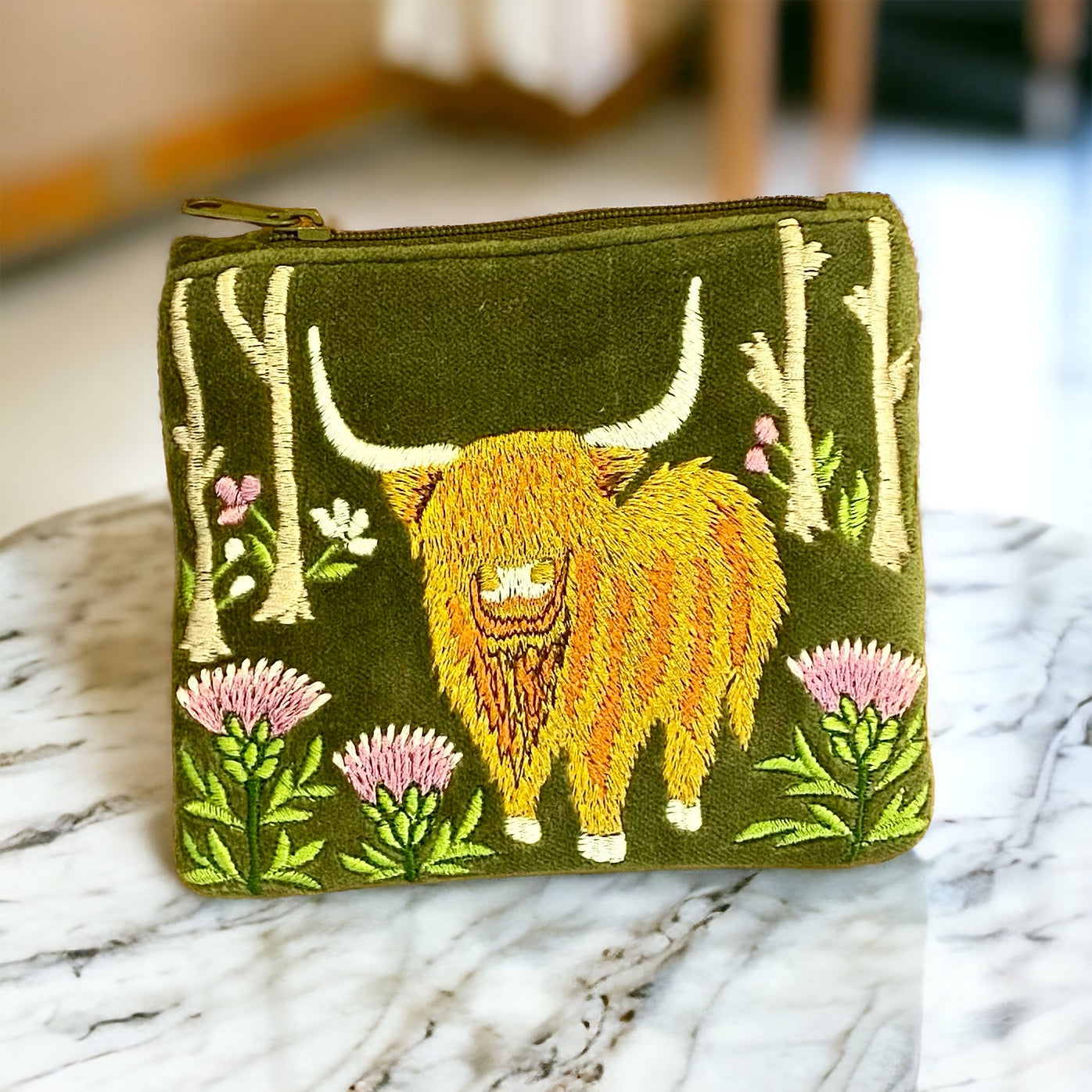 Cotton Velvet Bag - The Highland Cow on Forest Green Detailing Purse ...