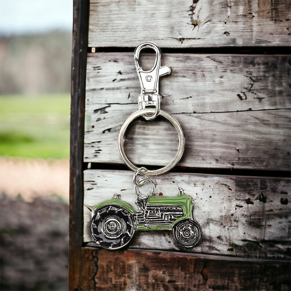 Enamel Green Tractor Keyring - At home in the country