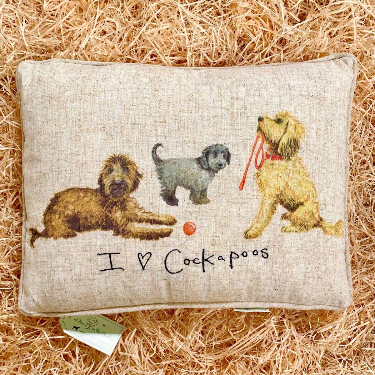 I love Cockapoos Linen Mix Cushion - At home in the country